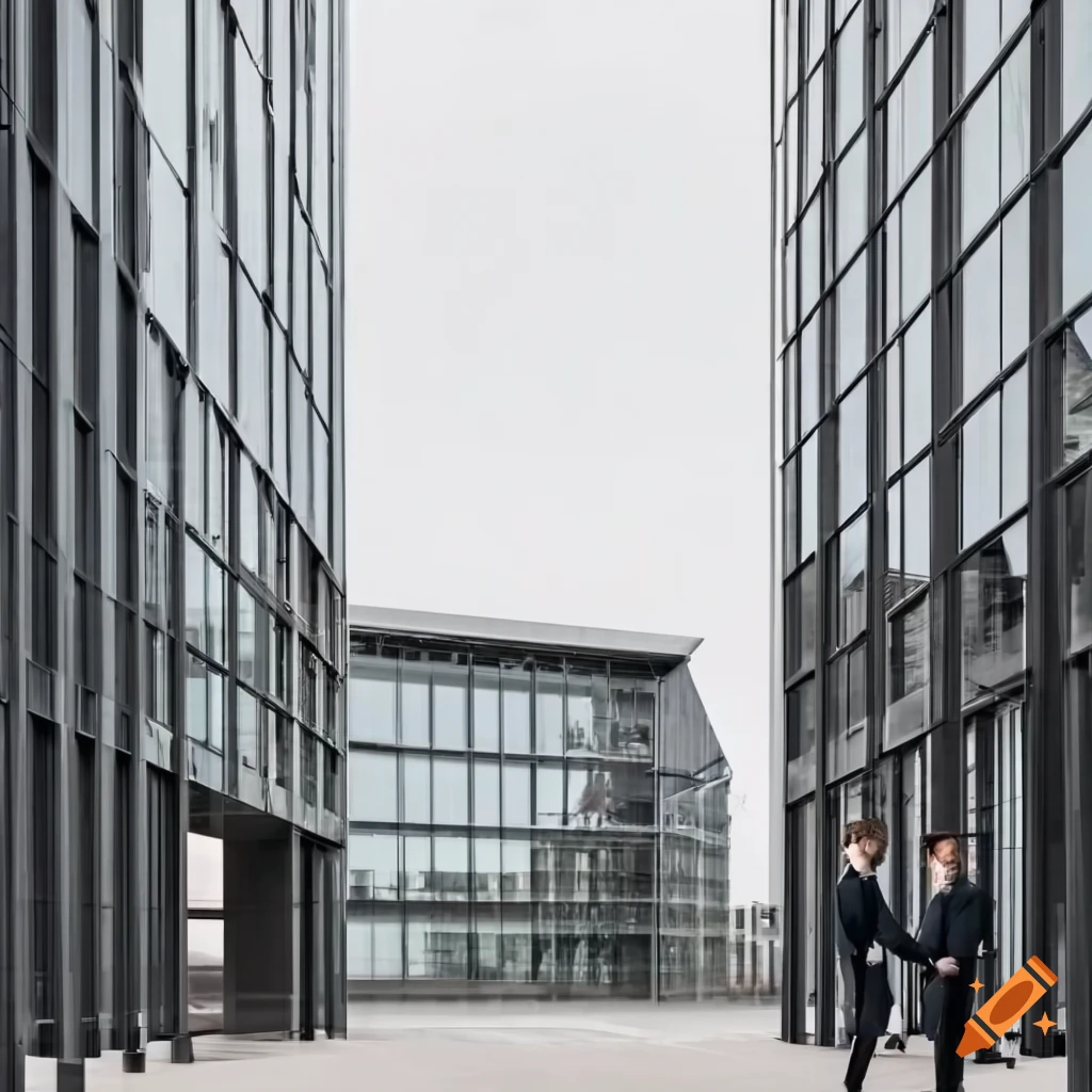 New modern office building for a design company with people in suits ...