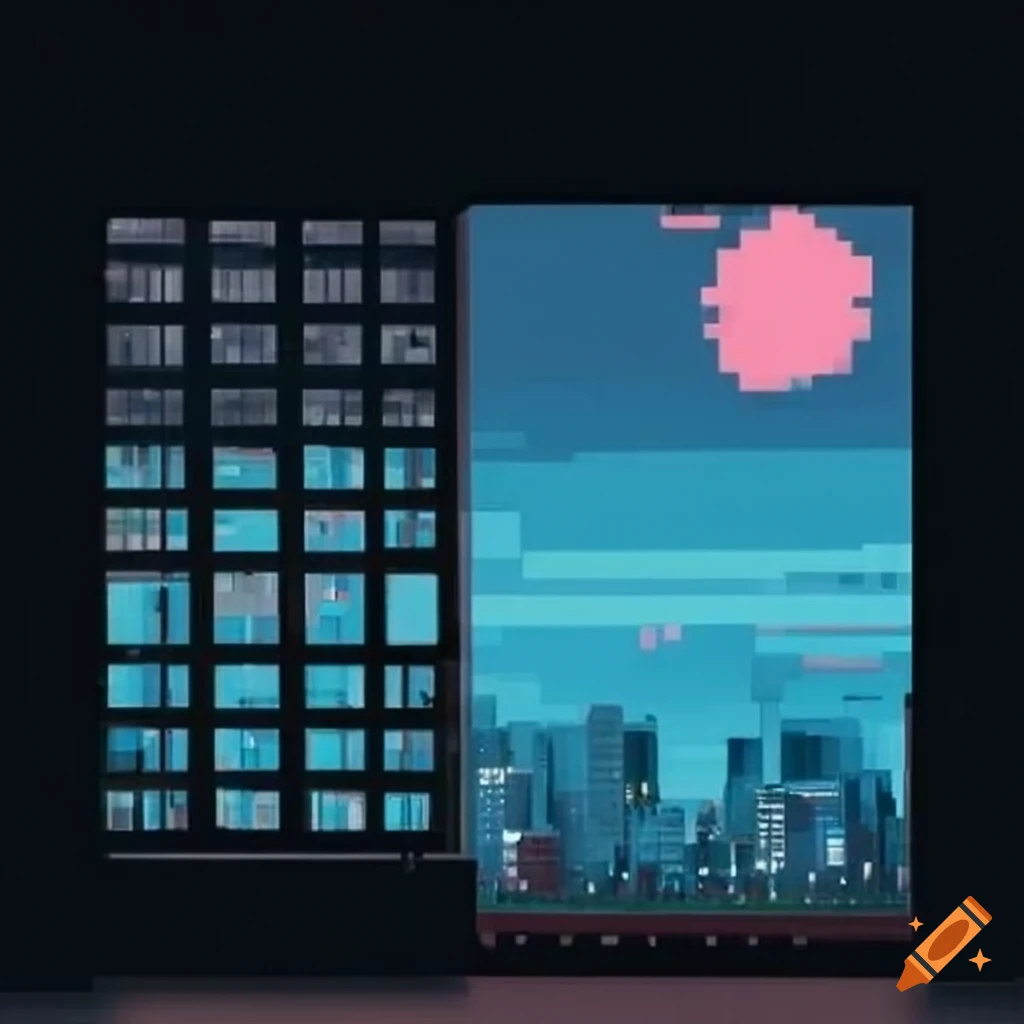 Pixel window looking out into a city on Craiyon