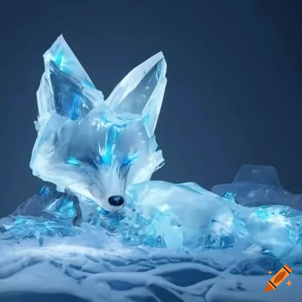 A fox made of crystal-like ice among a blizzard on Craiyon