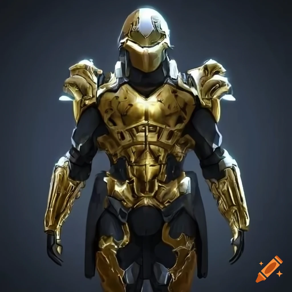 Futuristic warrior in sleek golden armor and white accents on Craiyon