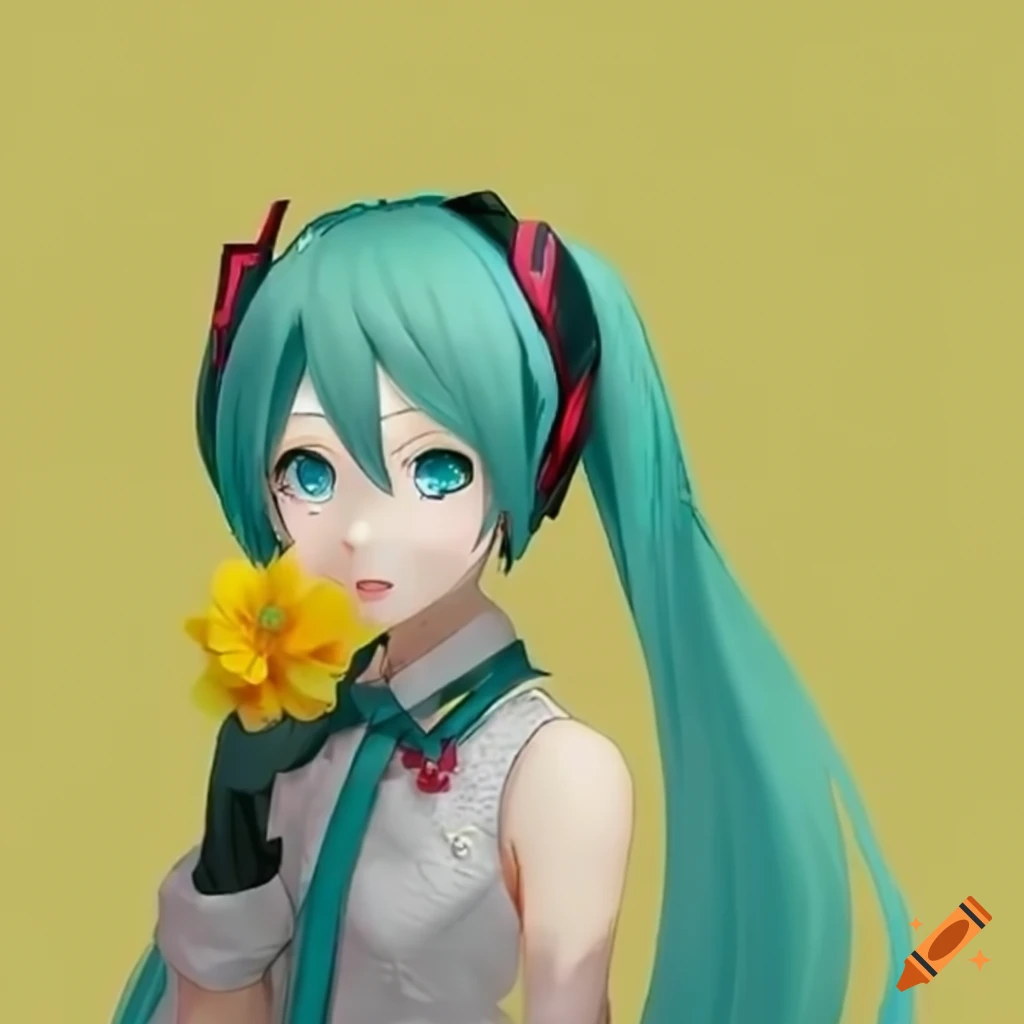 Miku hatsune arround yellow flowers on Craiyon