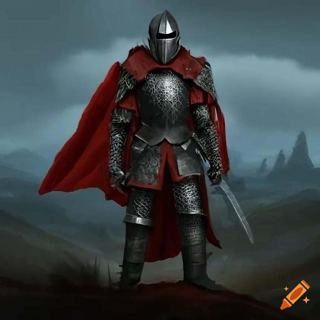A knight in scale red armor and cage helmet with huge ashy dragon wings ...
