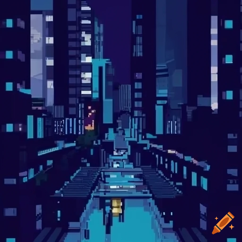 Detailed pixel city view from below