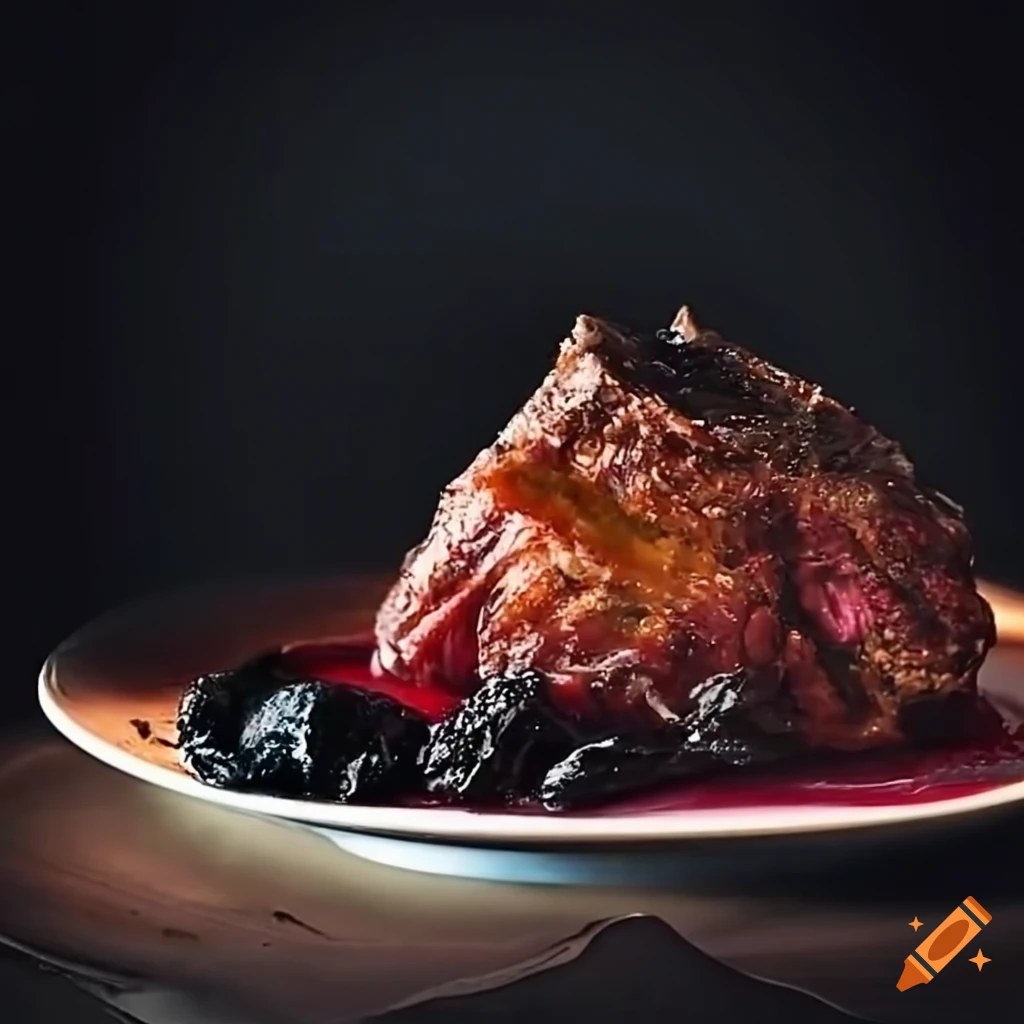 A deliciously glazed smoked marble rib on a plate with red sauce of red ...