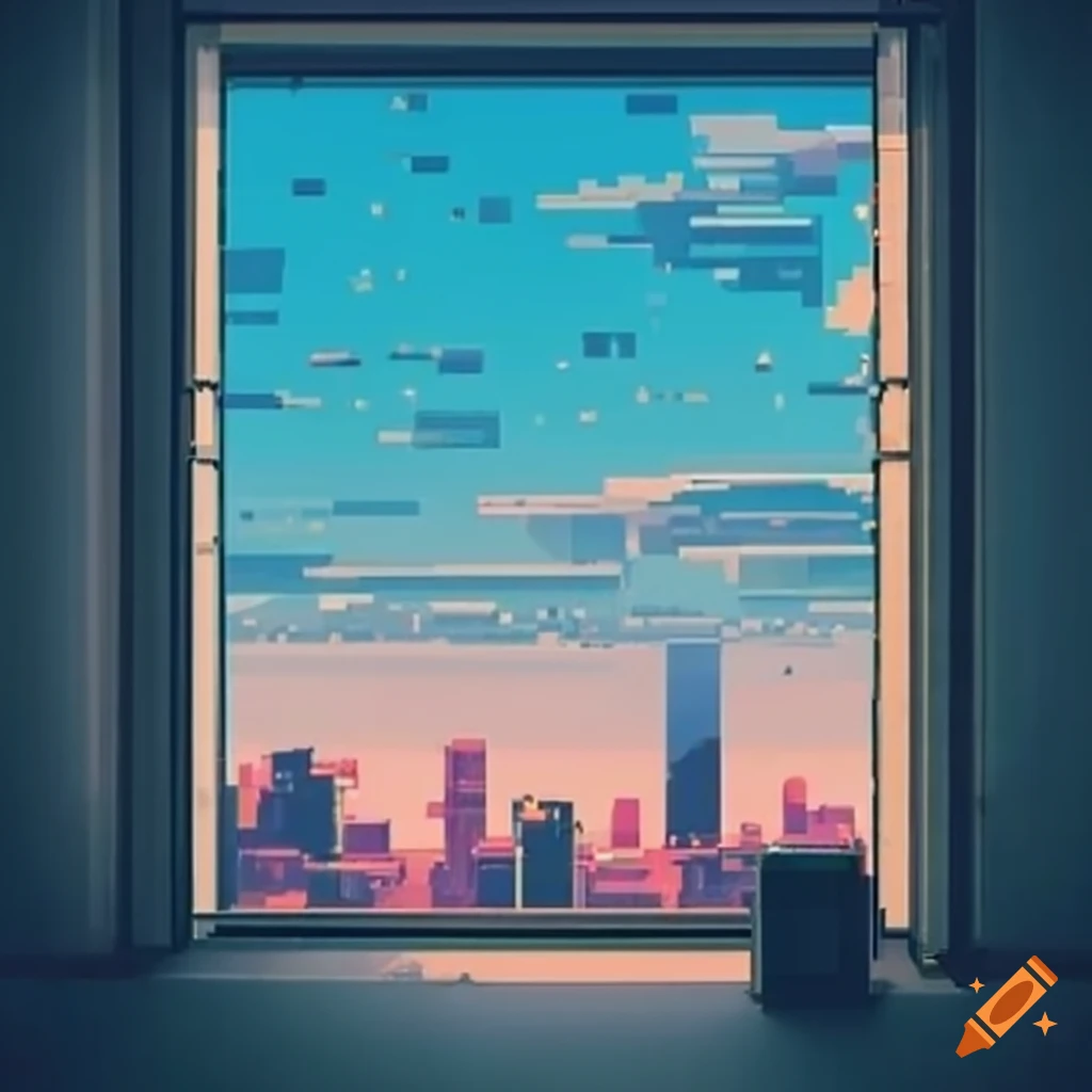 Pixel window looking out into a city on Craiyon