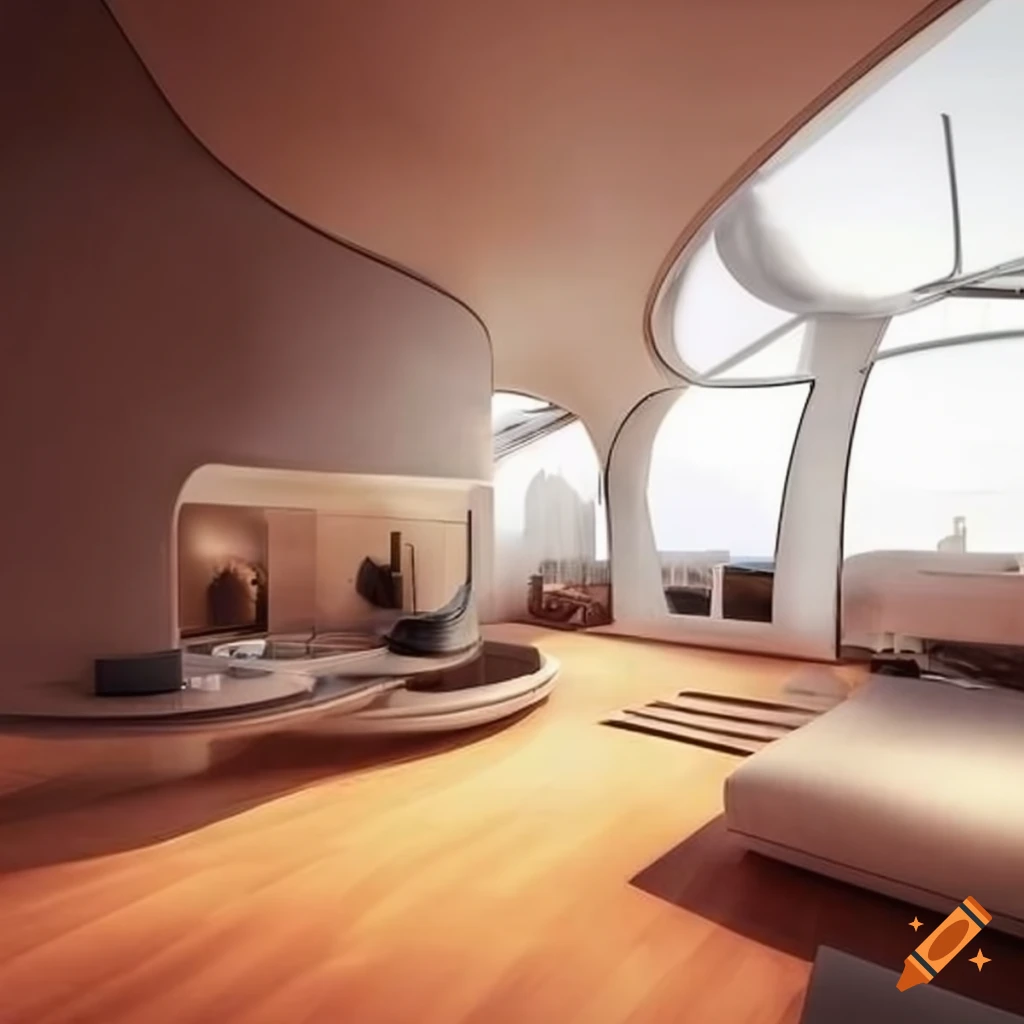 Large interior of a futuristic high-tech loft with stunning views on ...