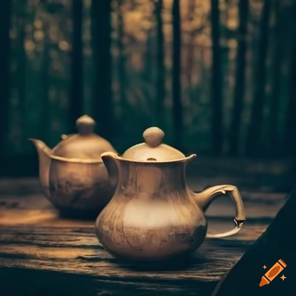 A vintage tea set on a rustic table in a mysterious forest