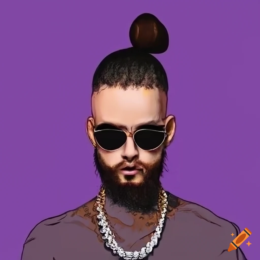 A rapper man with a bun and beard on a purple planet on Craiyon
