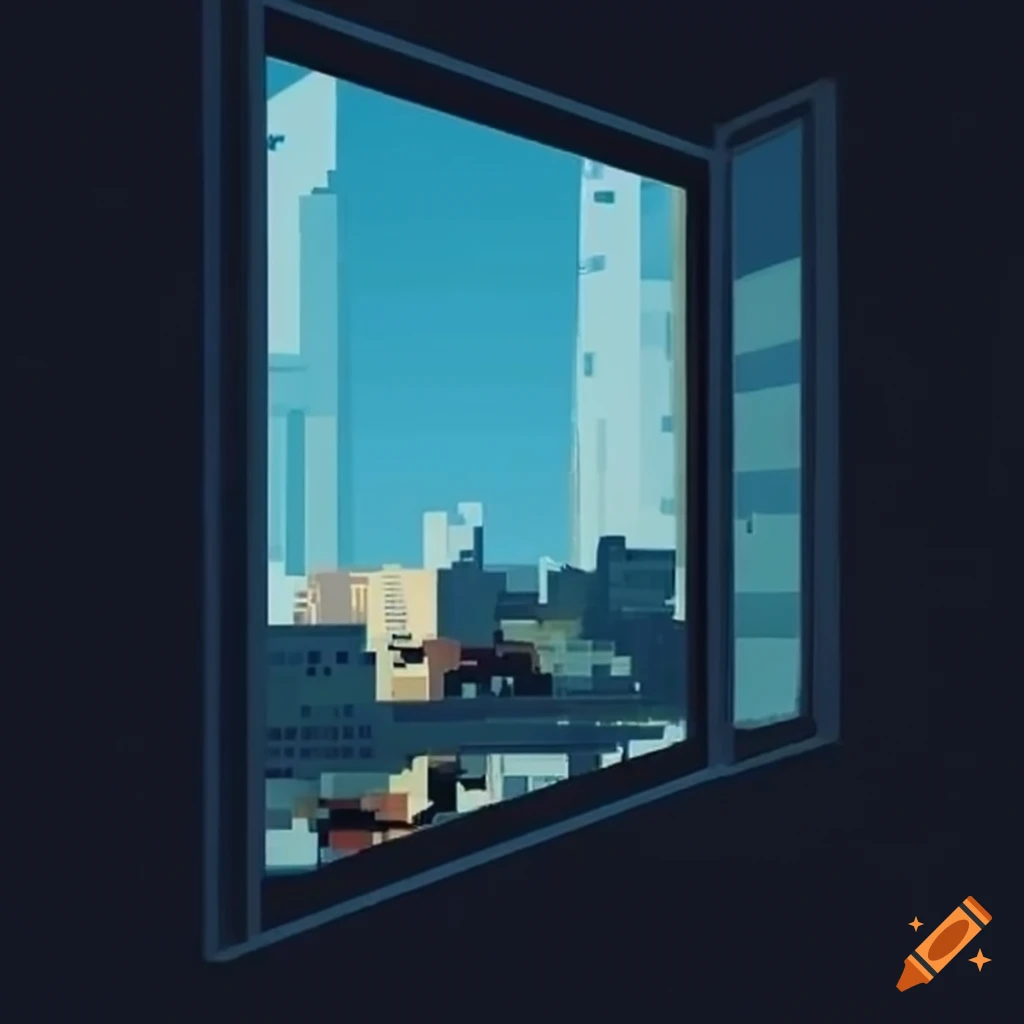 Pixel window looking out into a city