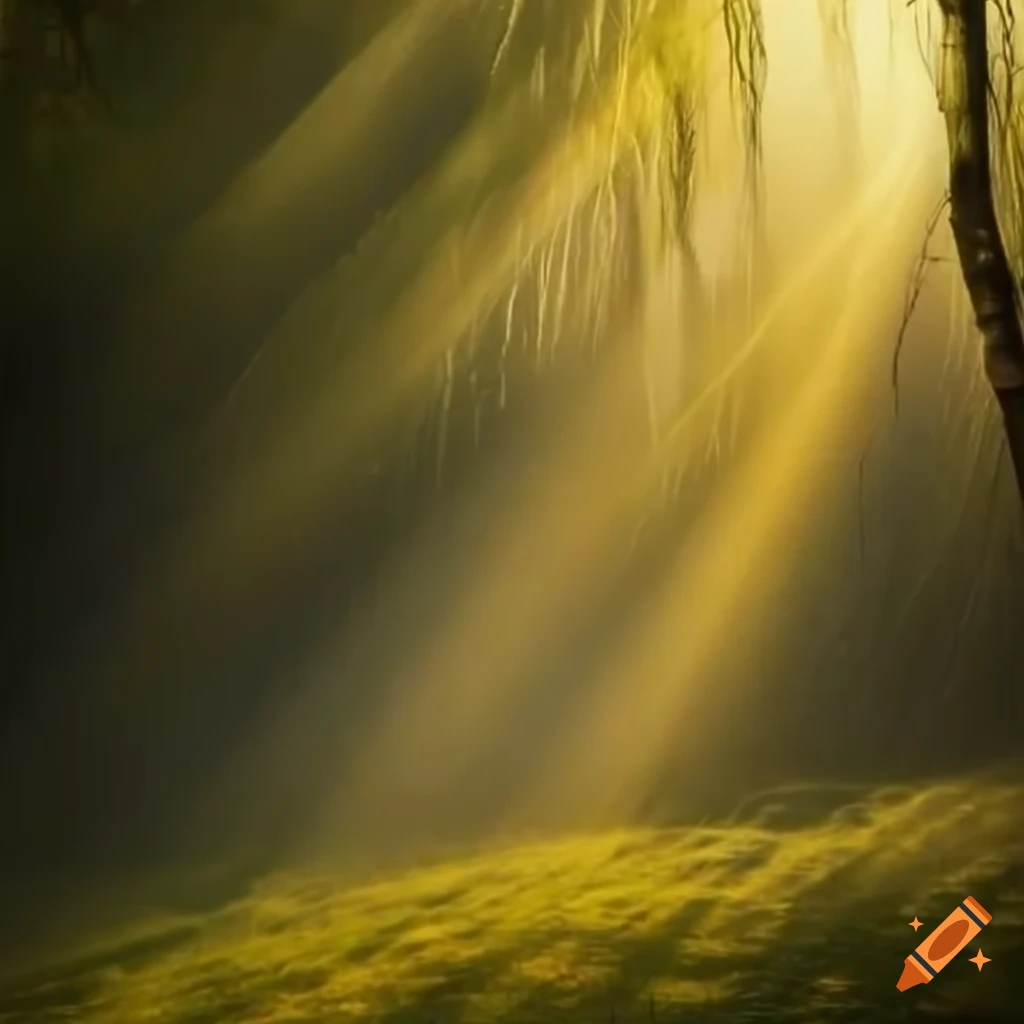 Light rain falling in a sunbeam amongst willow trees