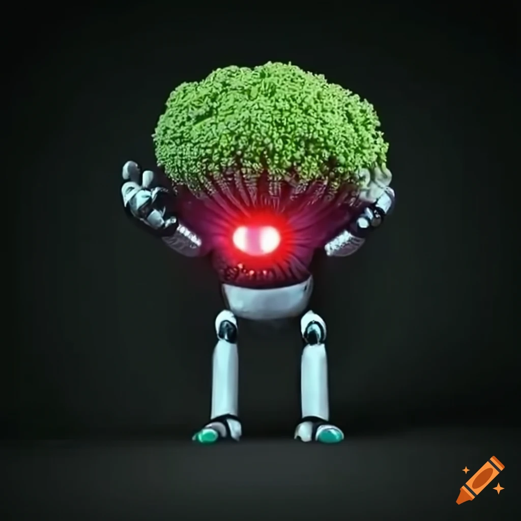 Happy robot eating a red broccoli on Craiyon