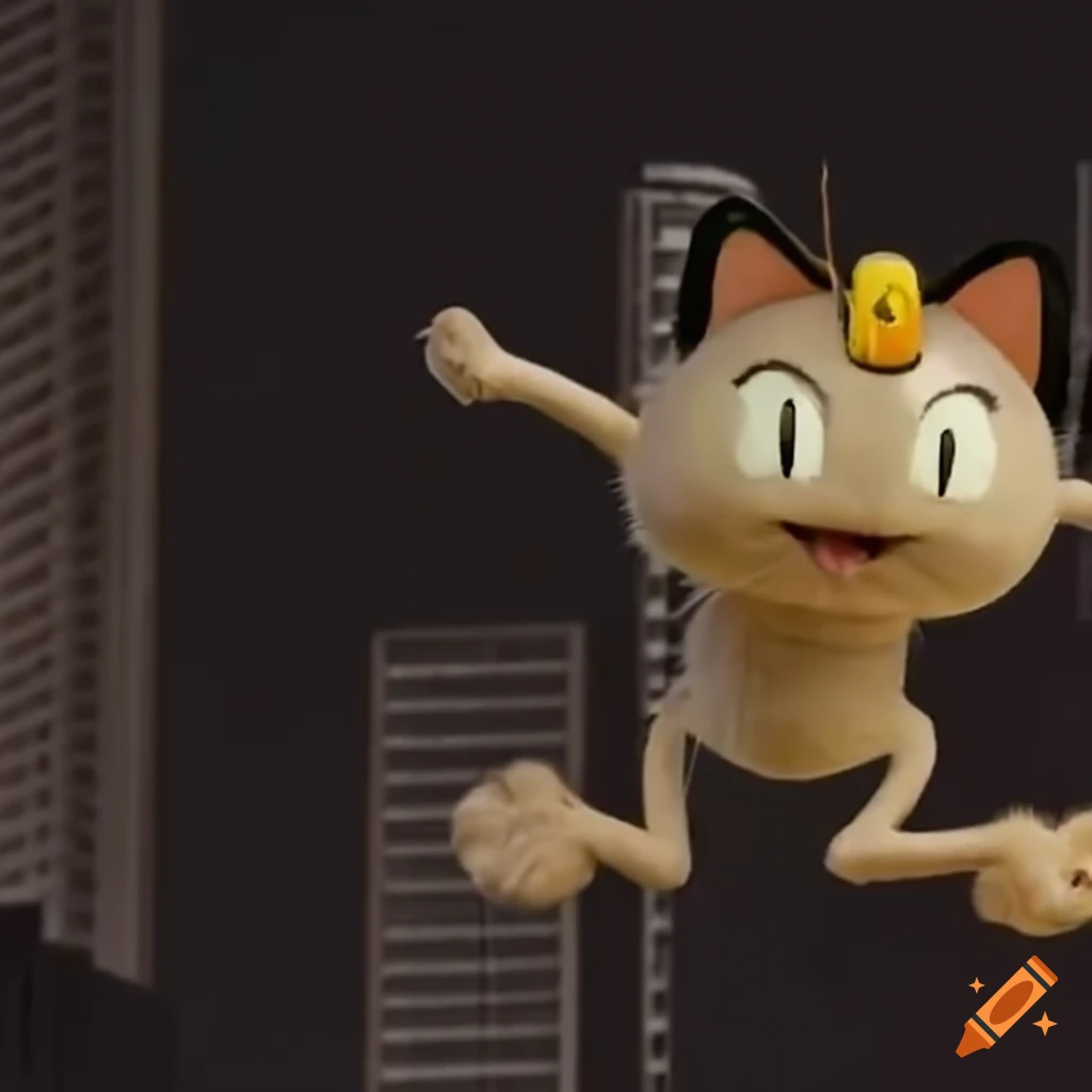 Meowth jumping between two buildings at night on Craiyon