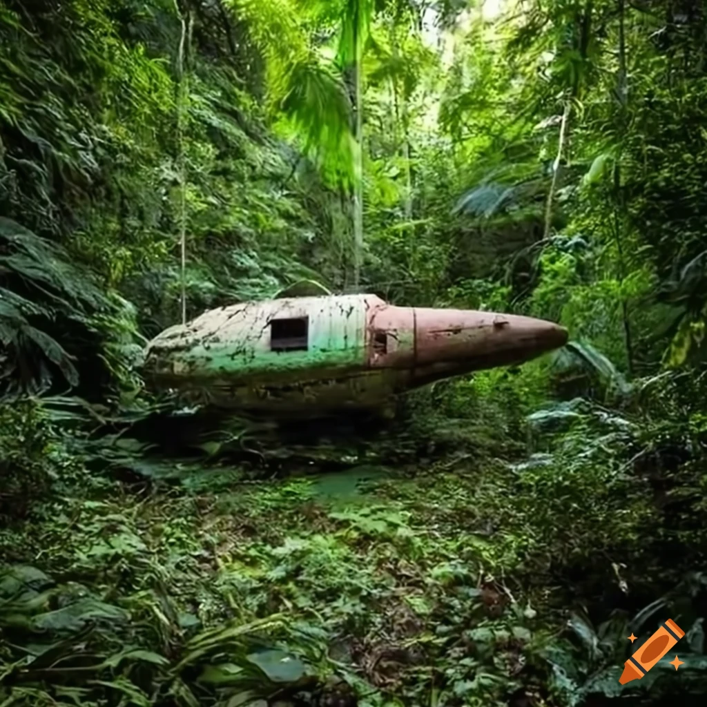 An abandoned spaceship in a lush jungle on Craiyon