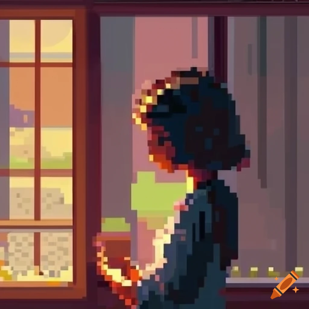 A pixel art girl gazing through a window