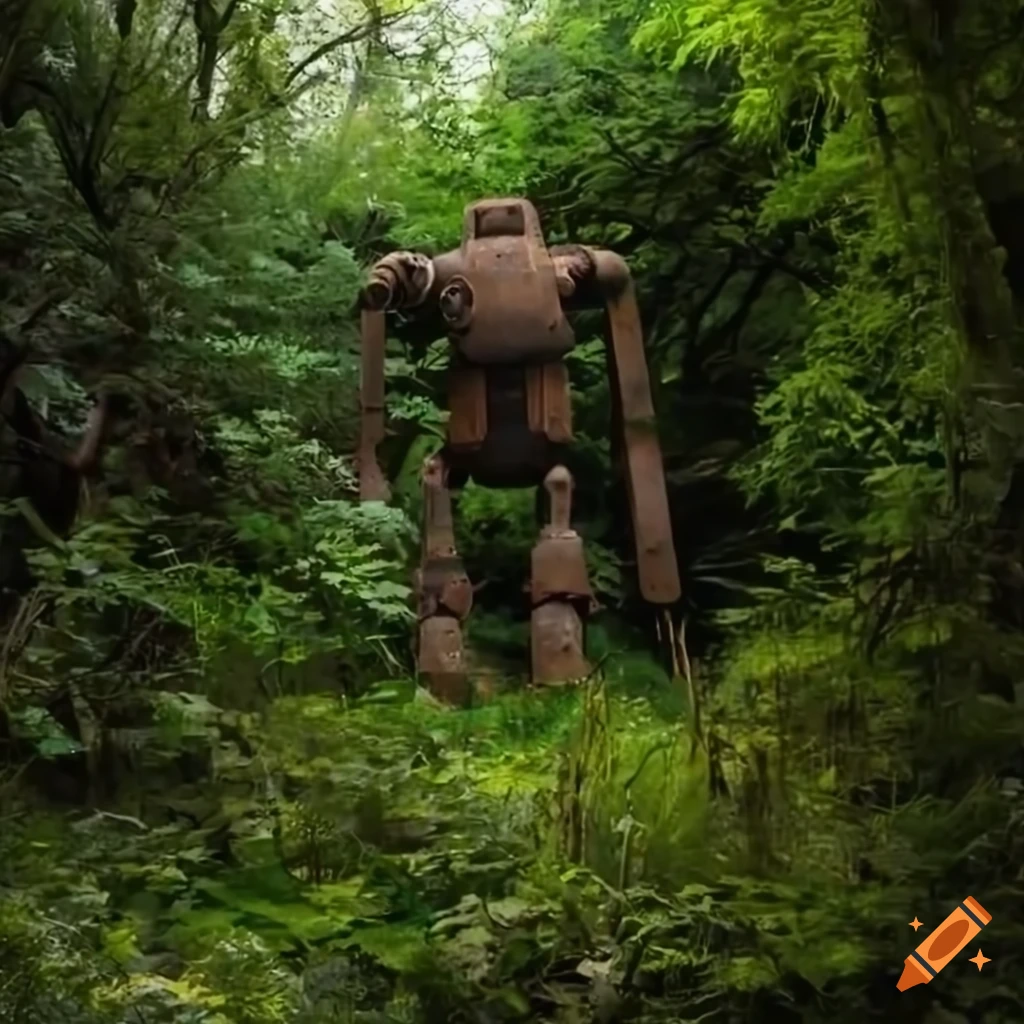 An abandoned war robot covered in rust and overgrown vegetation big ...