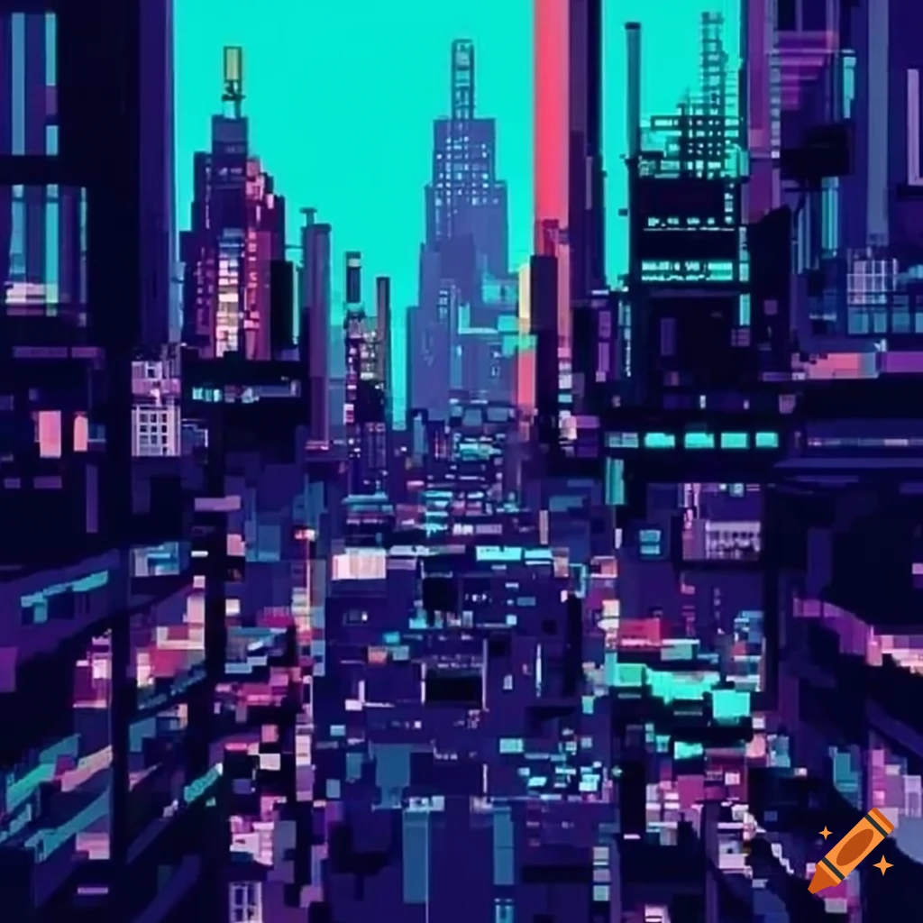 Looking up at a pixelated city