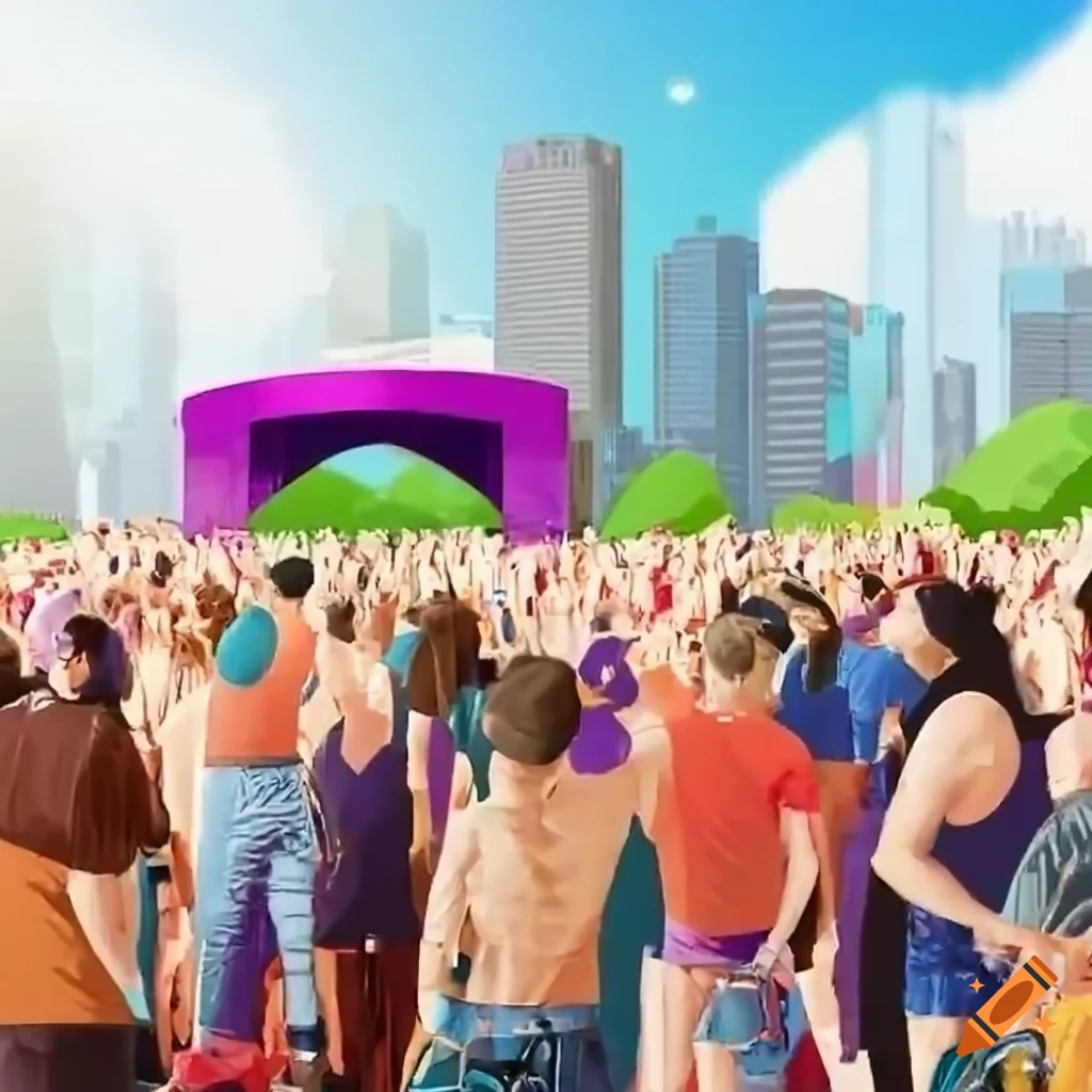 Realistic urban city music festival in daytime with a rock band in ...