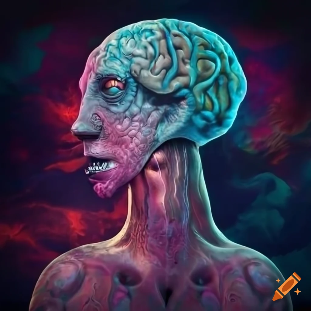 Surreal depiction that includes brain texture, carnivore teeth ...
