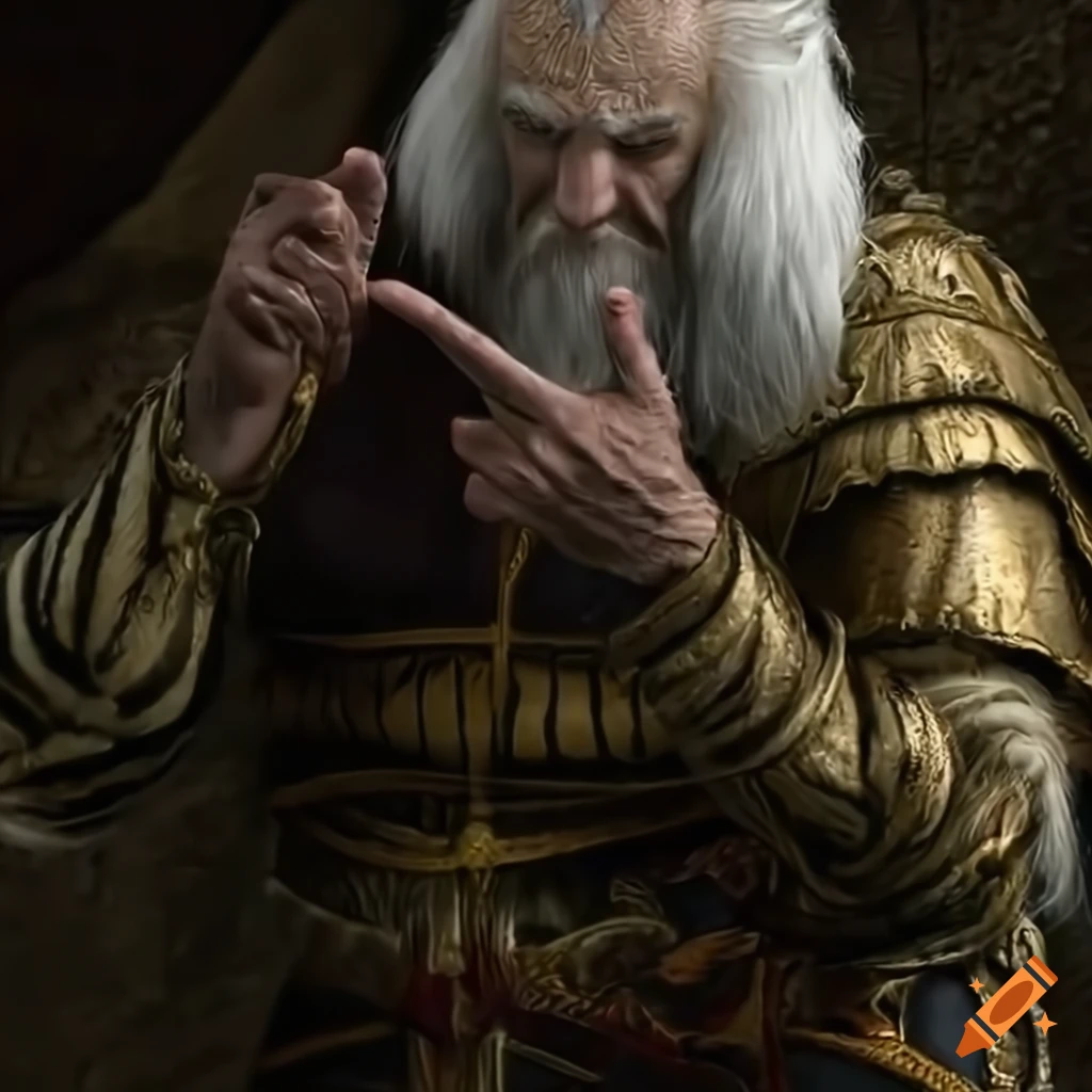 Old-elven-high-king, serrated-teeth white-hair, wearing royal robes ...