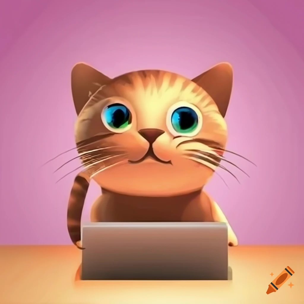 Cartoony cute cat working on a computer