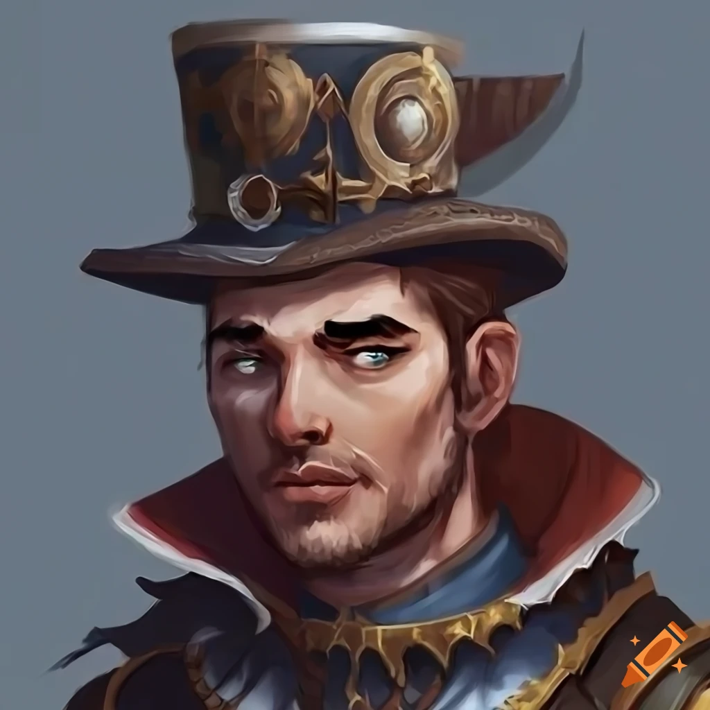 Handsome dnd male artificer, musketeer hat, portrait, 4k, high-detailed