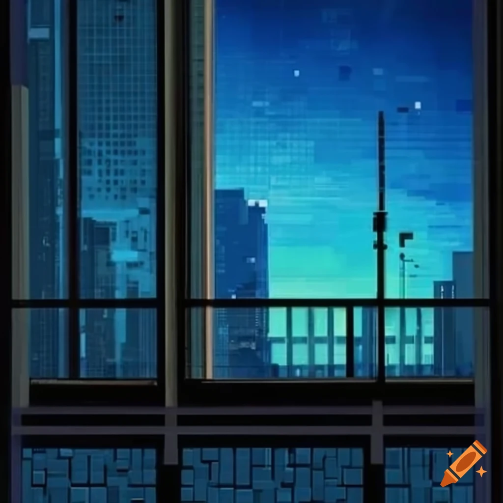 Pixel window looking out into a city on Craiyon