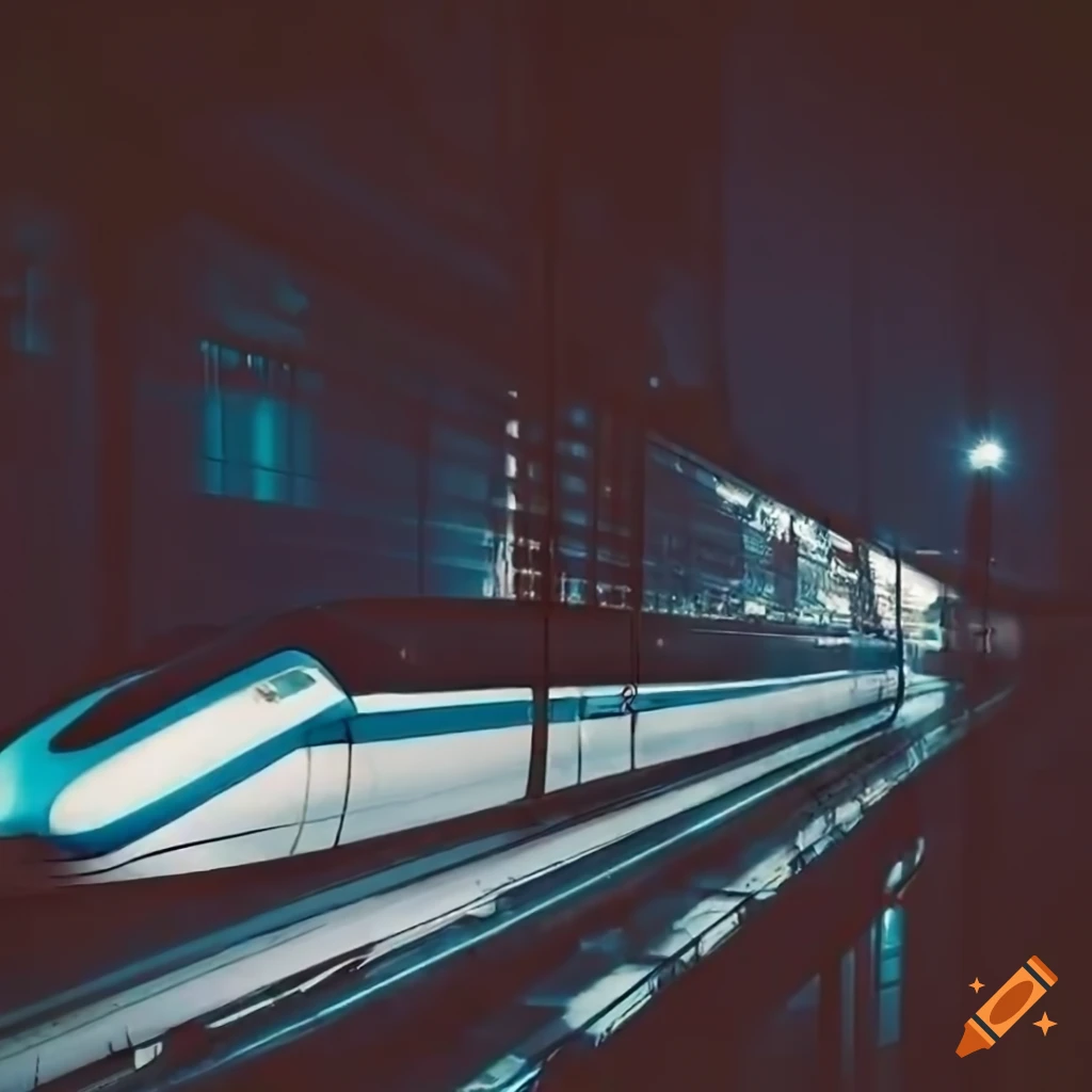 Retro monorail maglev train with a futuristic matrix-inspired text effect