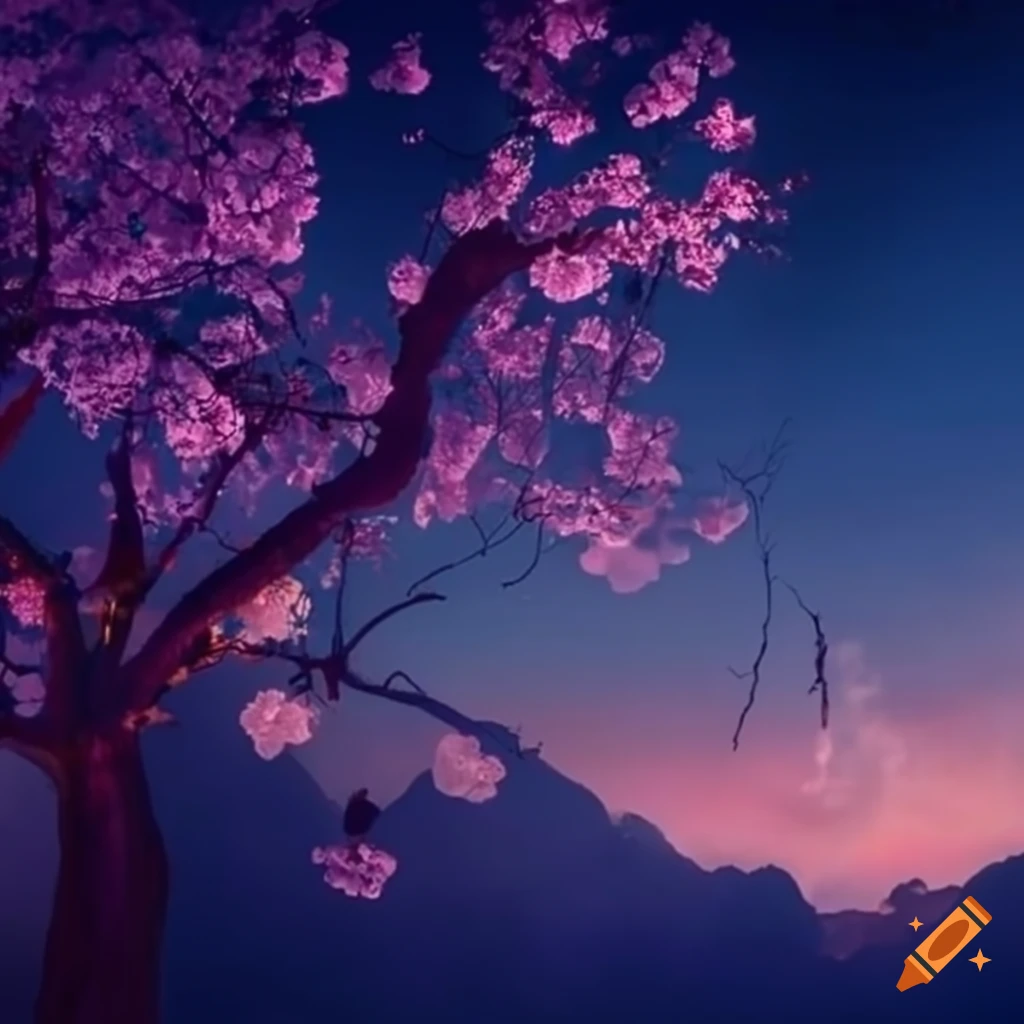 Cherry blossom tree at night on Craiyon