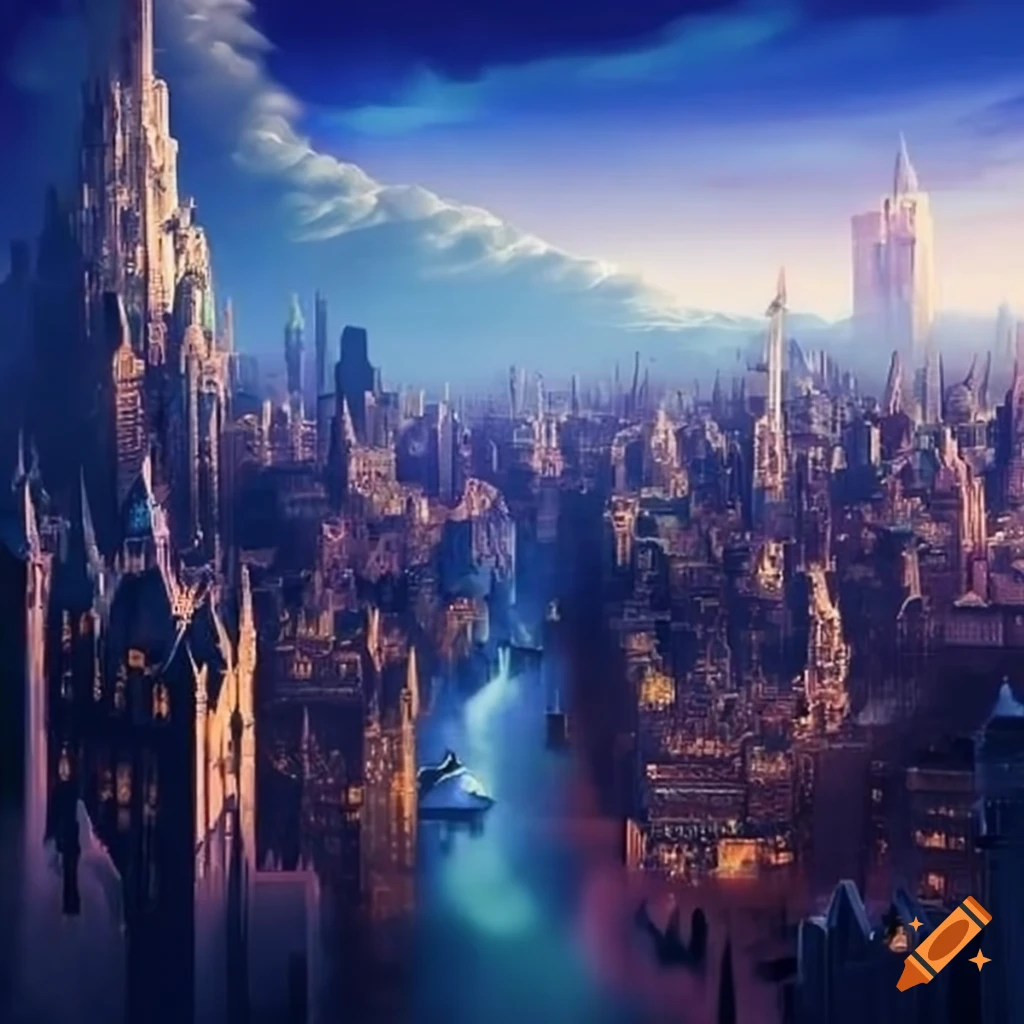 A view of a large city in a fantasy realm on Craiyon