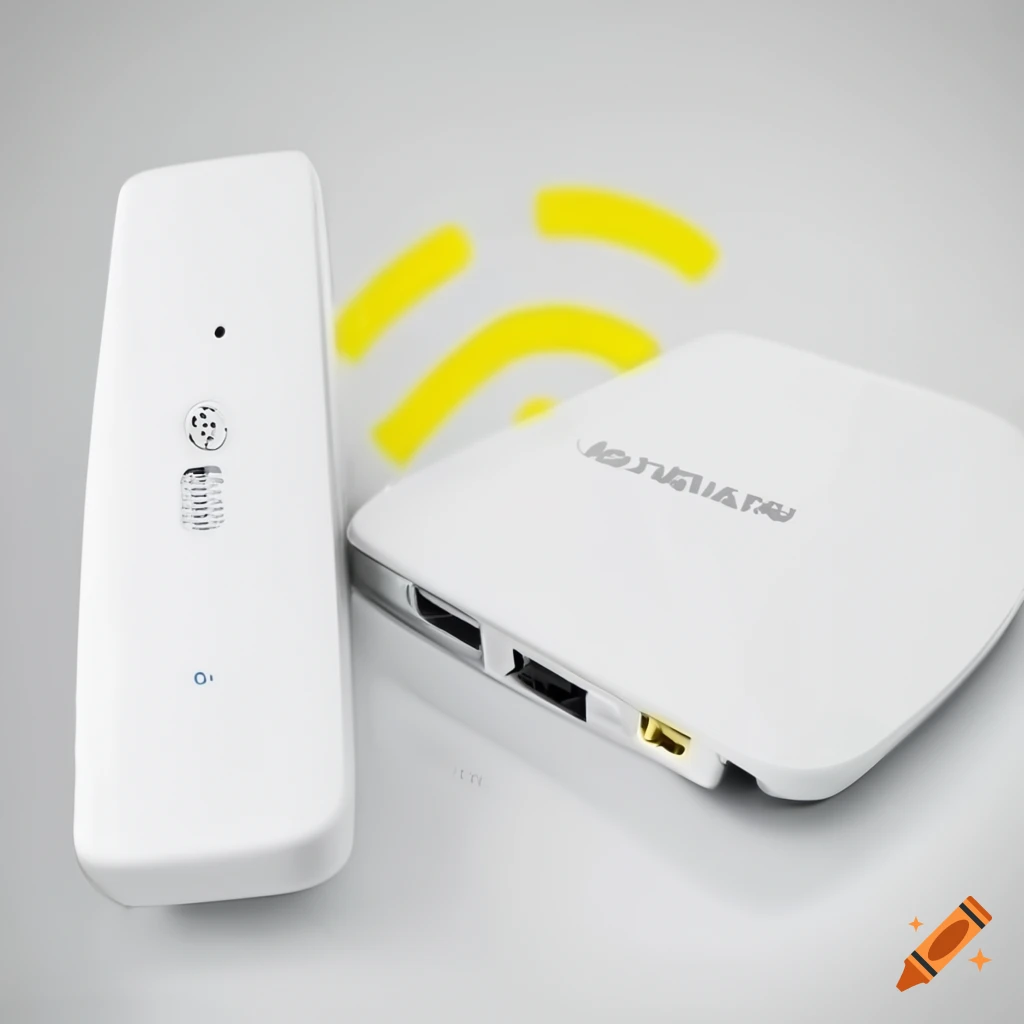 Neat white Wi-Fi modem with antenna with yellow logo on Craiyon