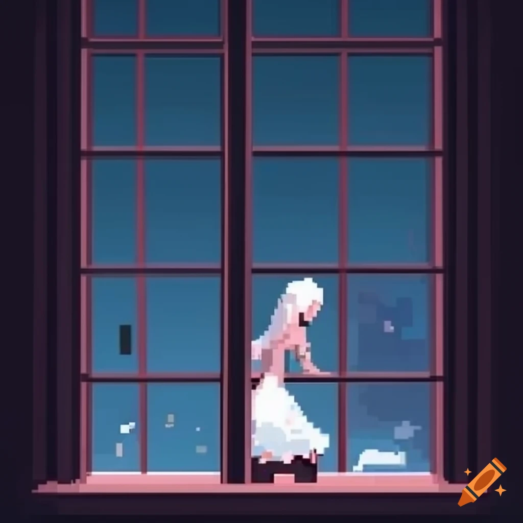 A pixel art girl gazing through a window on Craiyon