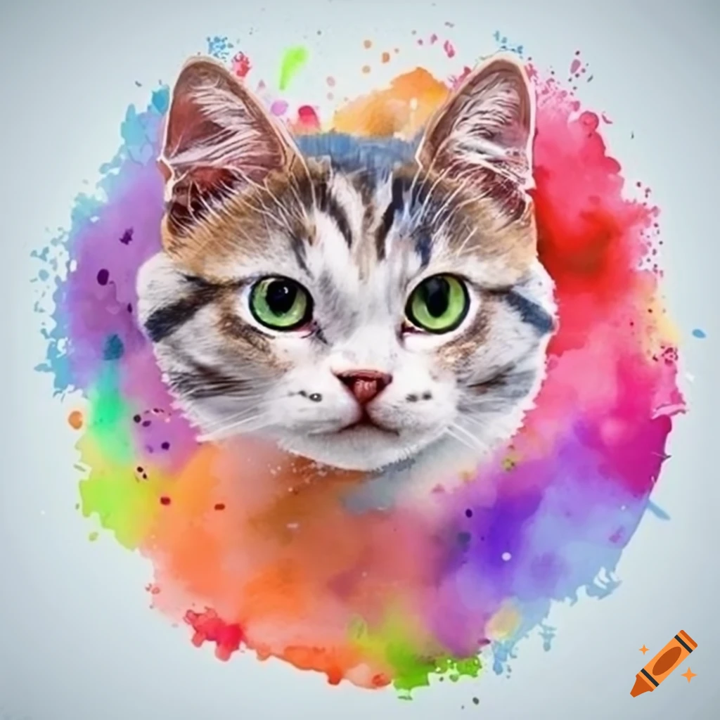 A cute kitty surrounded by watercolor splashes, round shape