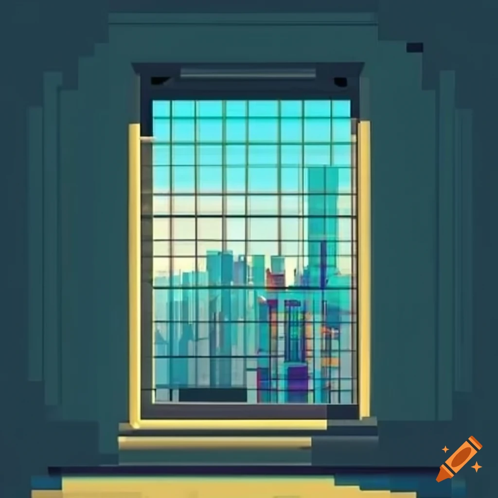 Pixel window looking out into a city on Craiyon