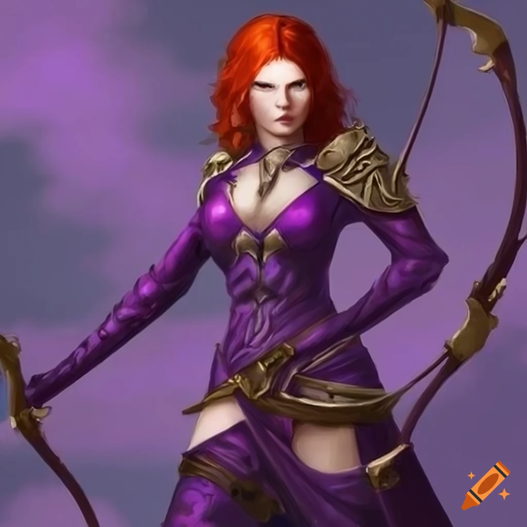 A purple clad fantasy archer with red hair