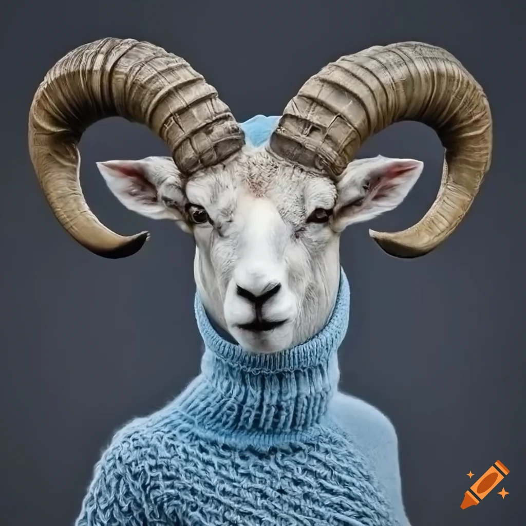 Photorealistic fierce and strong white anthropomorphic ram with huge ...