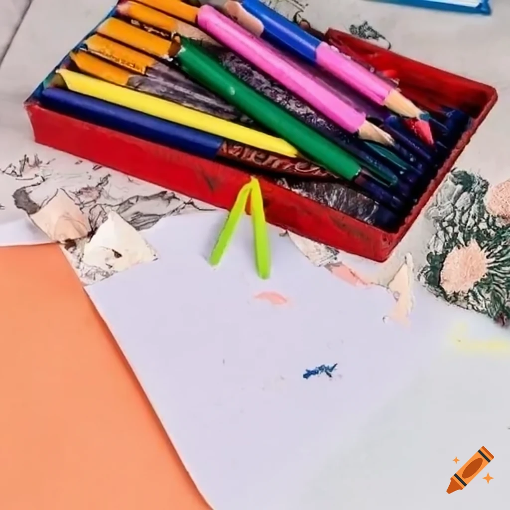 Crayons on a table next to scribbled paper on Craiyon