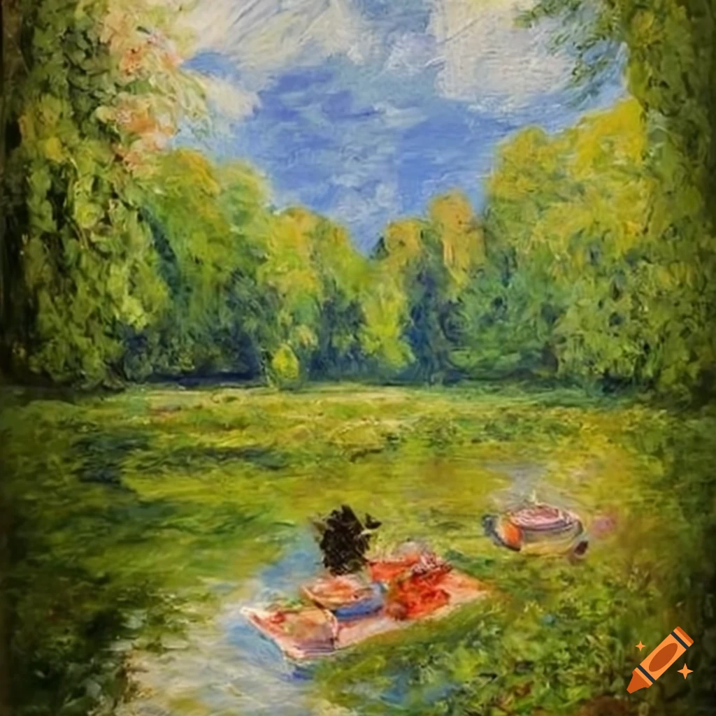 Monet painting of a summer picnic spread in a beautiful location on Craiyon