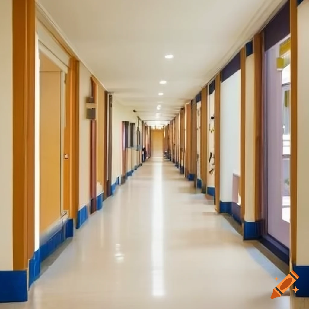 A school corridor with 6 classrooms on the right and a hall in the ...