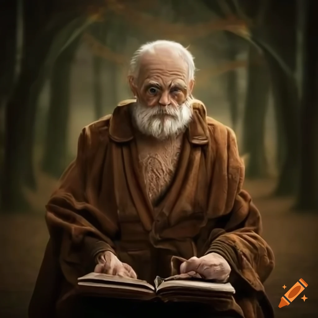 Fantasy style old man in brown robe sat on large chair in forest with ...