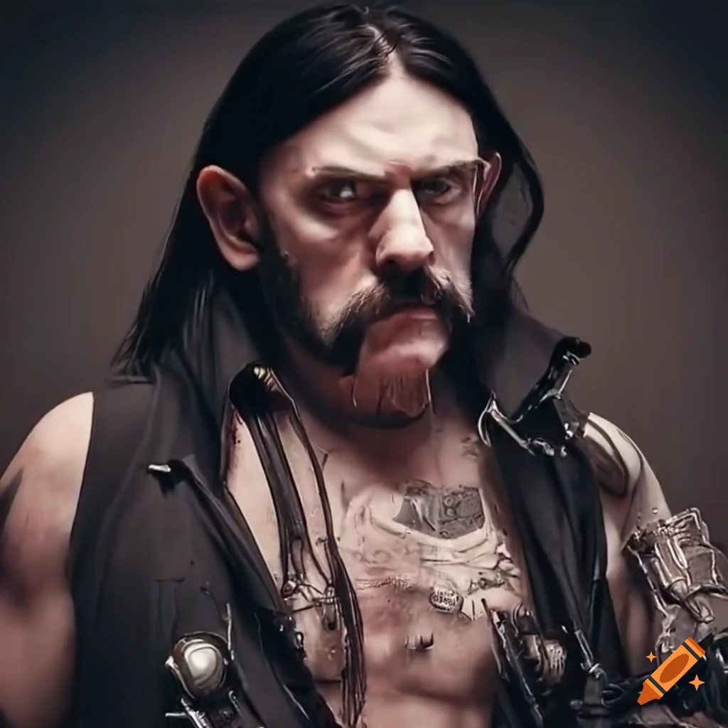 Lemmy younger cosplaying as a biker, looking badass, hd, muscular, close up
