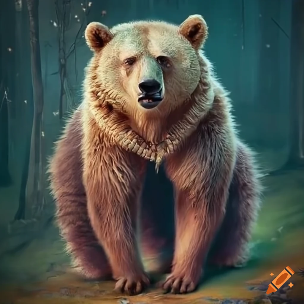 A shaman woman thinking about her past guide by her animal totem, a bear