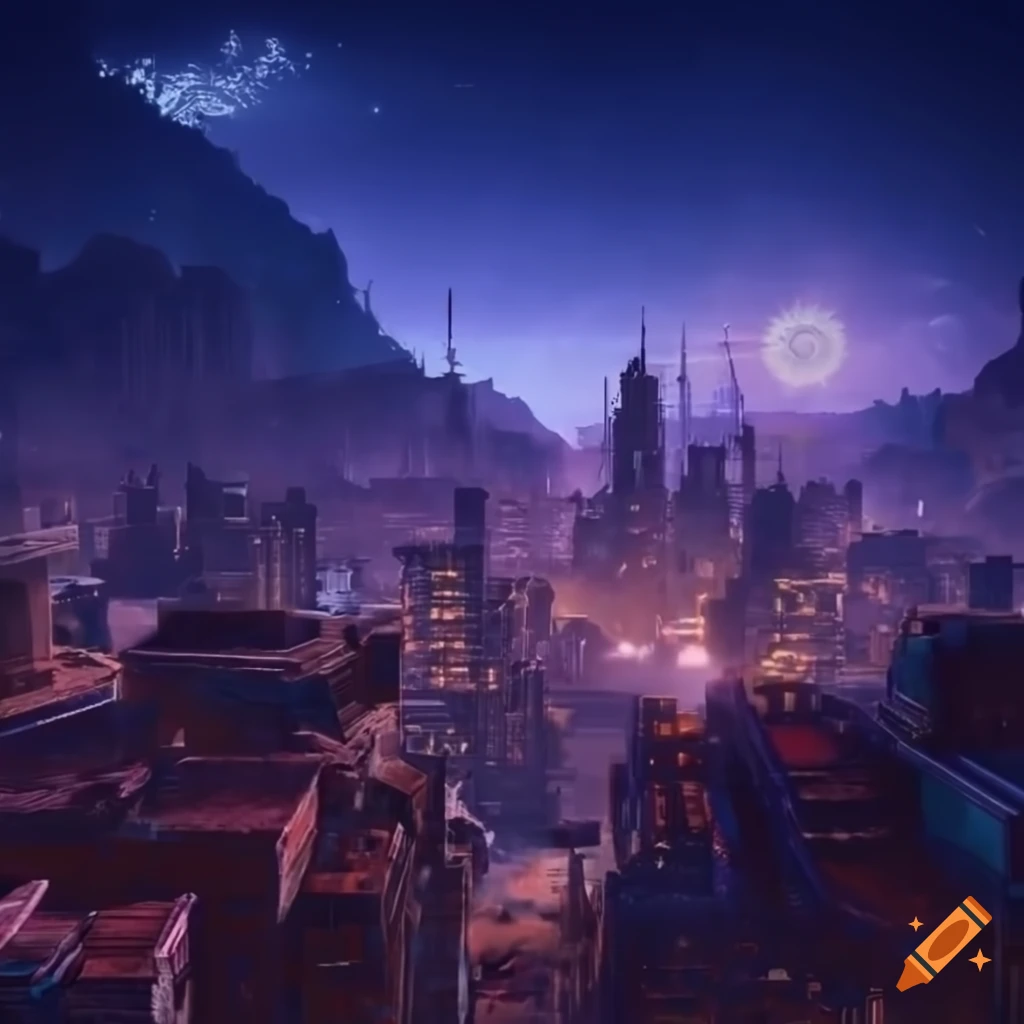 Epic cityscape under multiple suns, inspired by the outer worlds on Craiyon