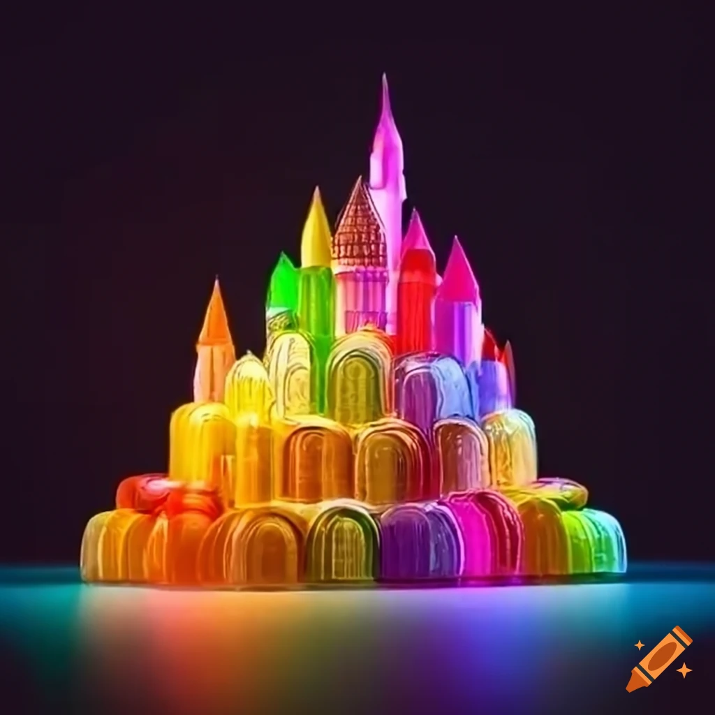 Vibrant castle made of jello, with shiny coins inside on Craiyon