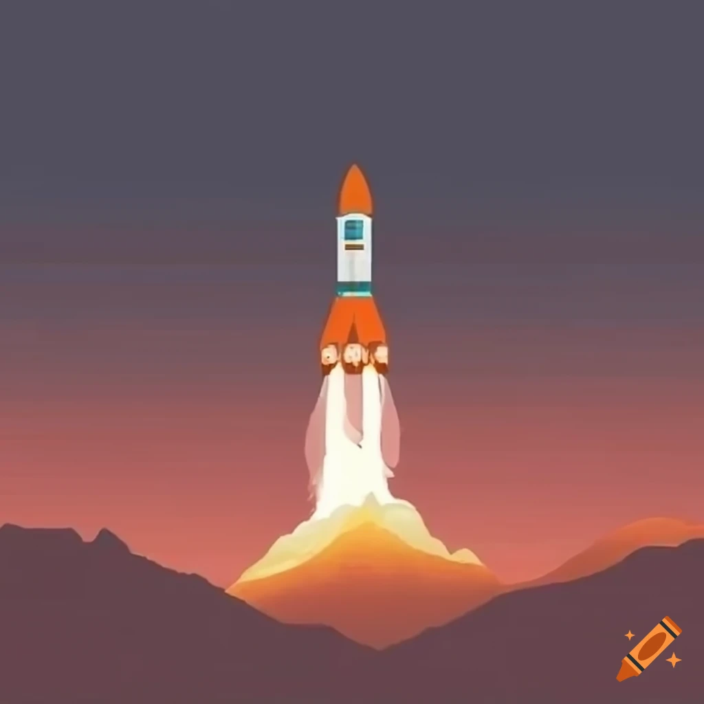 An orange rocket launches from a mountain. debris everywhere. sunset ...