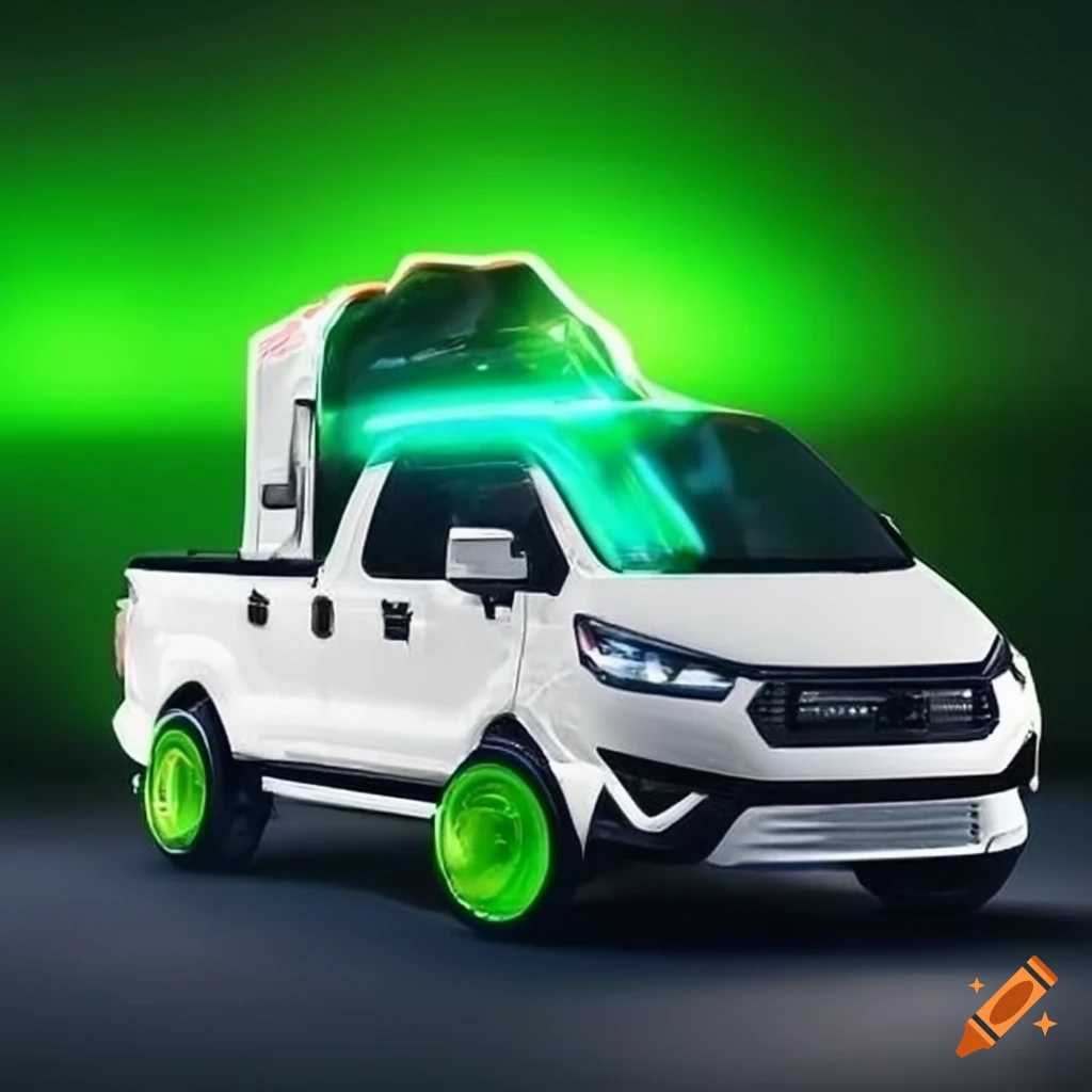 Futureistic white pickup van uk version green sign writing on Craiyon