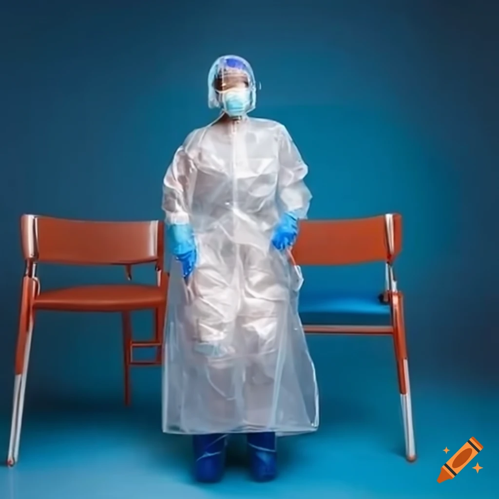 Woman in full transparent plastic medical ppe gear sat on a chair