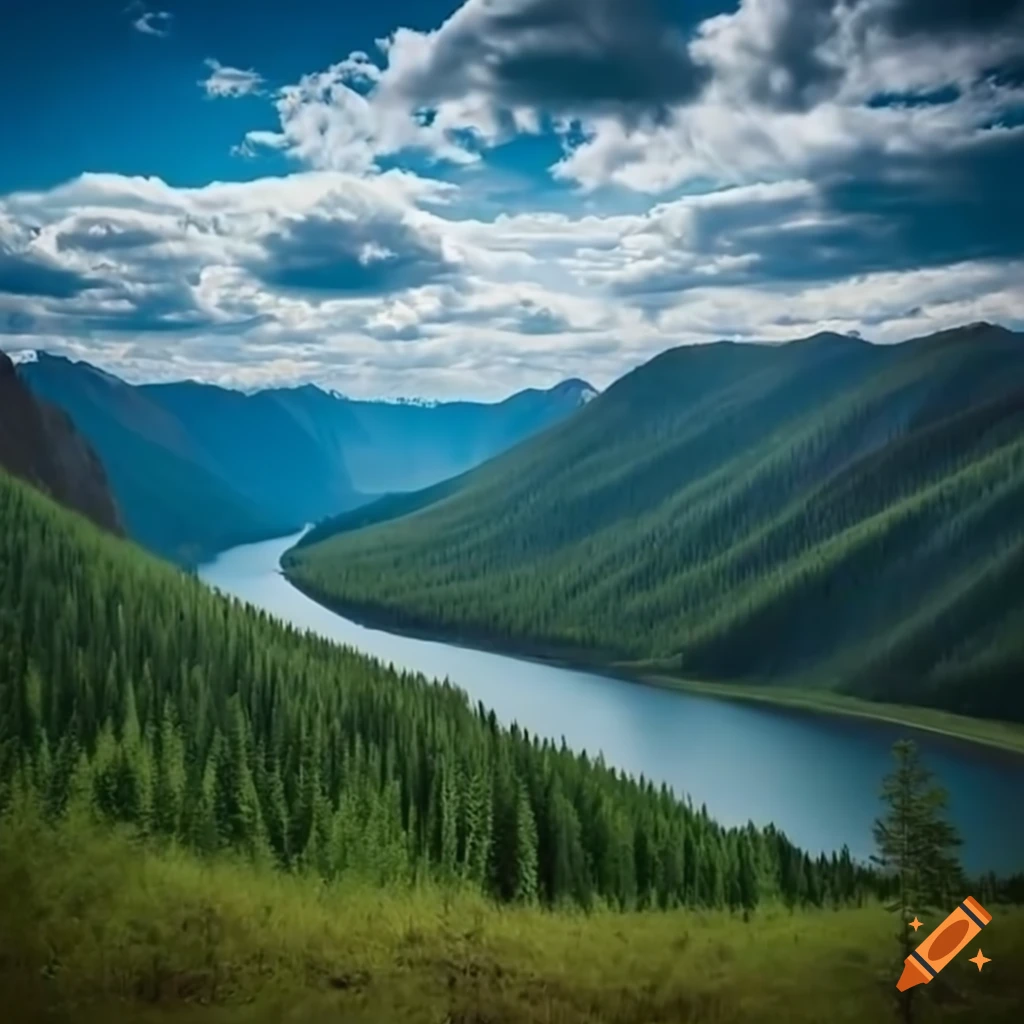 Two mountains that are close together, in siberia, with a valley with a ...