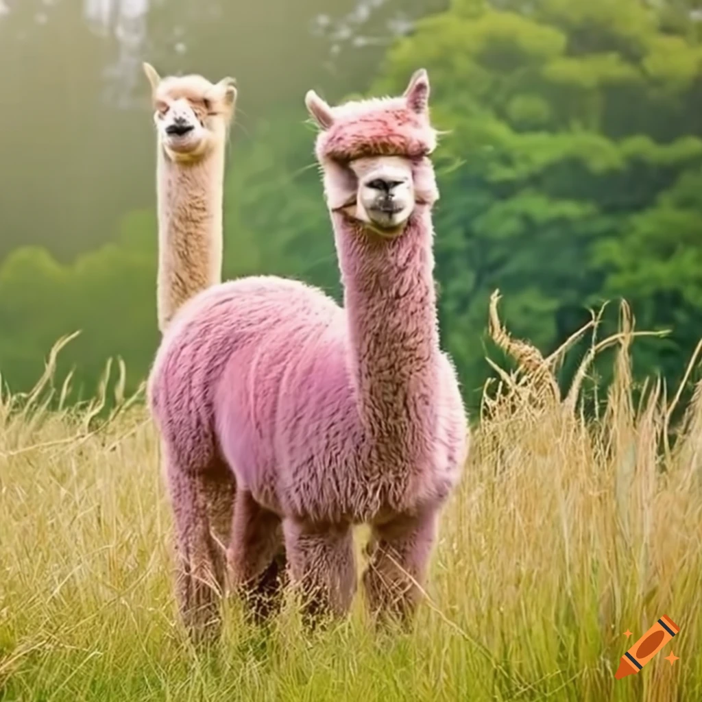 A full bodied peaceful alpaca with pastel colors in tall grass