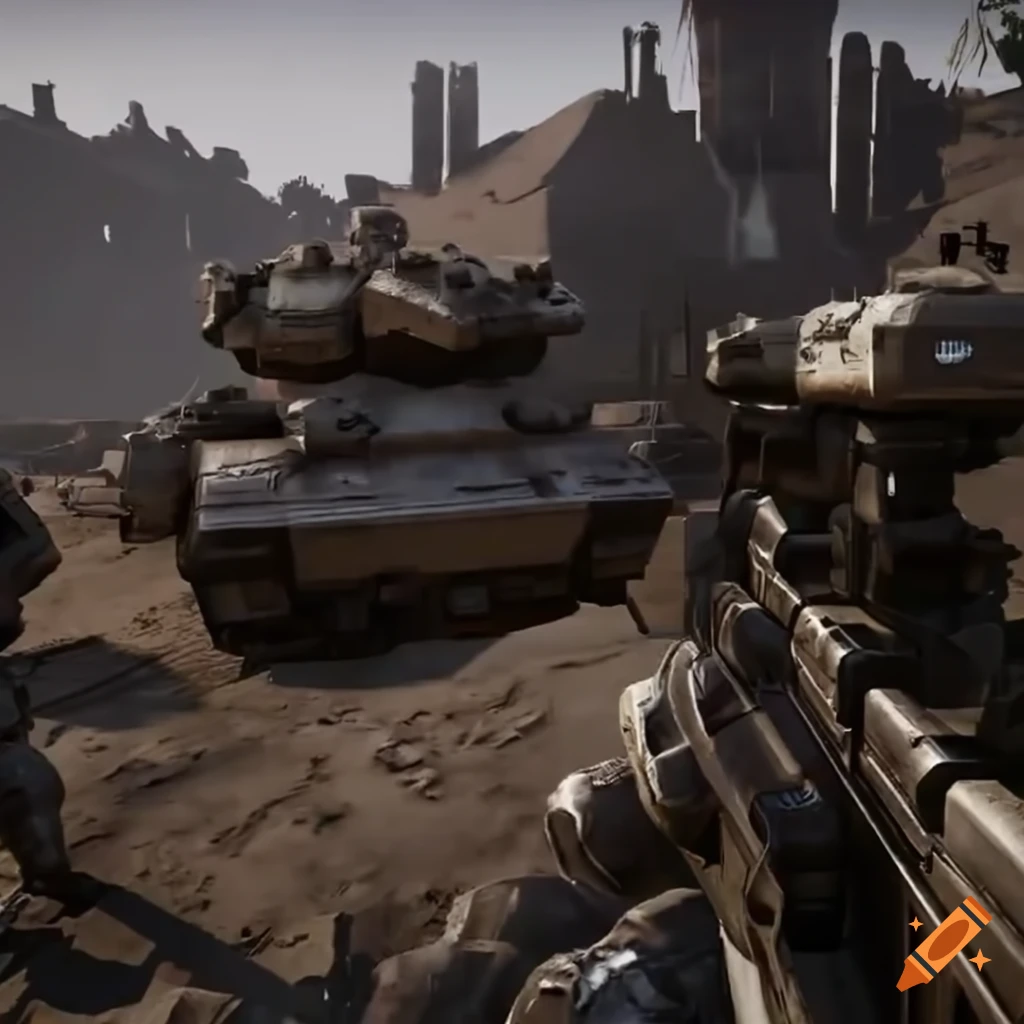 Unreal engine 5 sci-fi U.S. soldiers with U.S. flag with sci-i tank ...