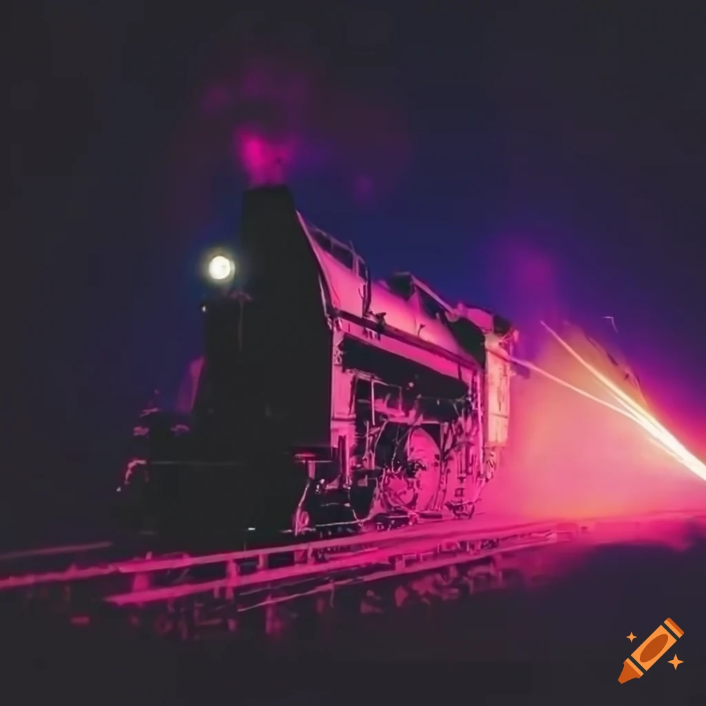 Steam locomotive with sparks coming out of the sides in a vaporwave ...